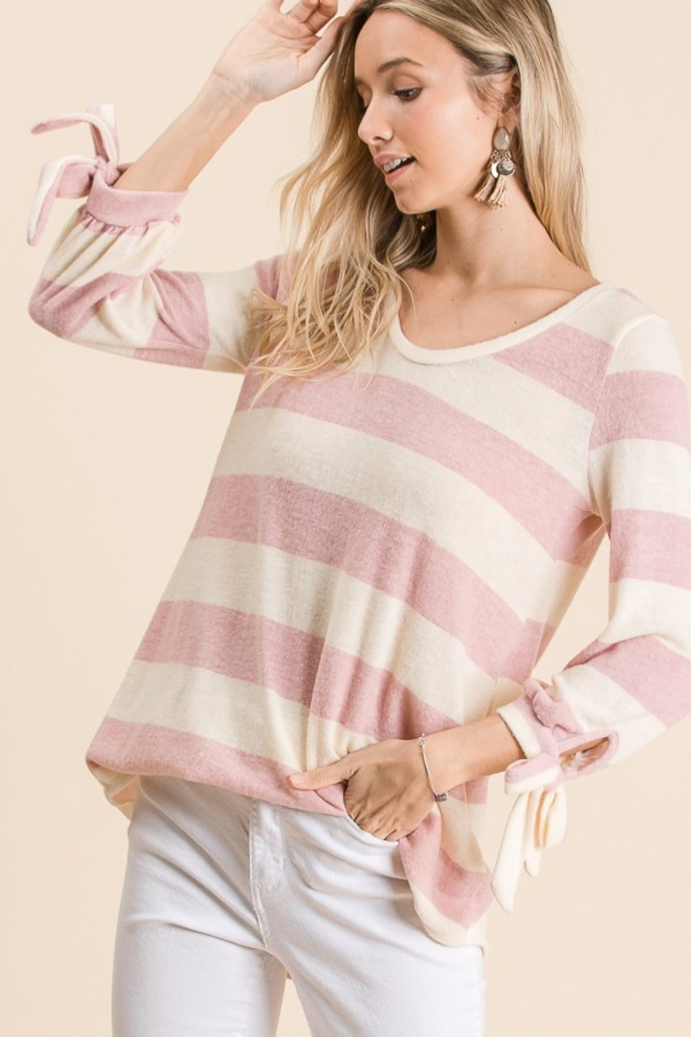 Reborn J Ribbon Cuff Contrast Striped Hacci Top – Country Club Prep
