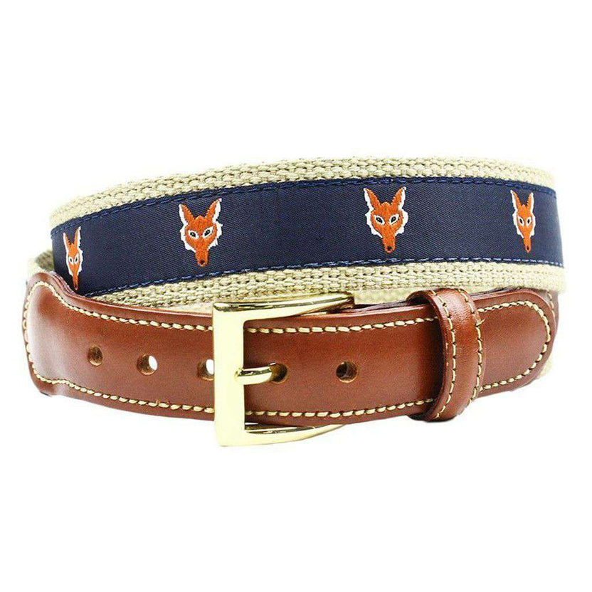 Country Club Prep Fox Head Leather Tab Belt in Navy on Khaki Canvas