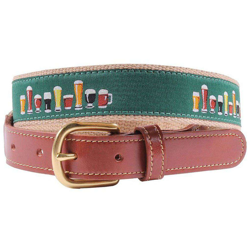 Country Club Prep Crafty Beer Leather Tab Belt in Green