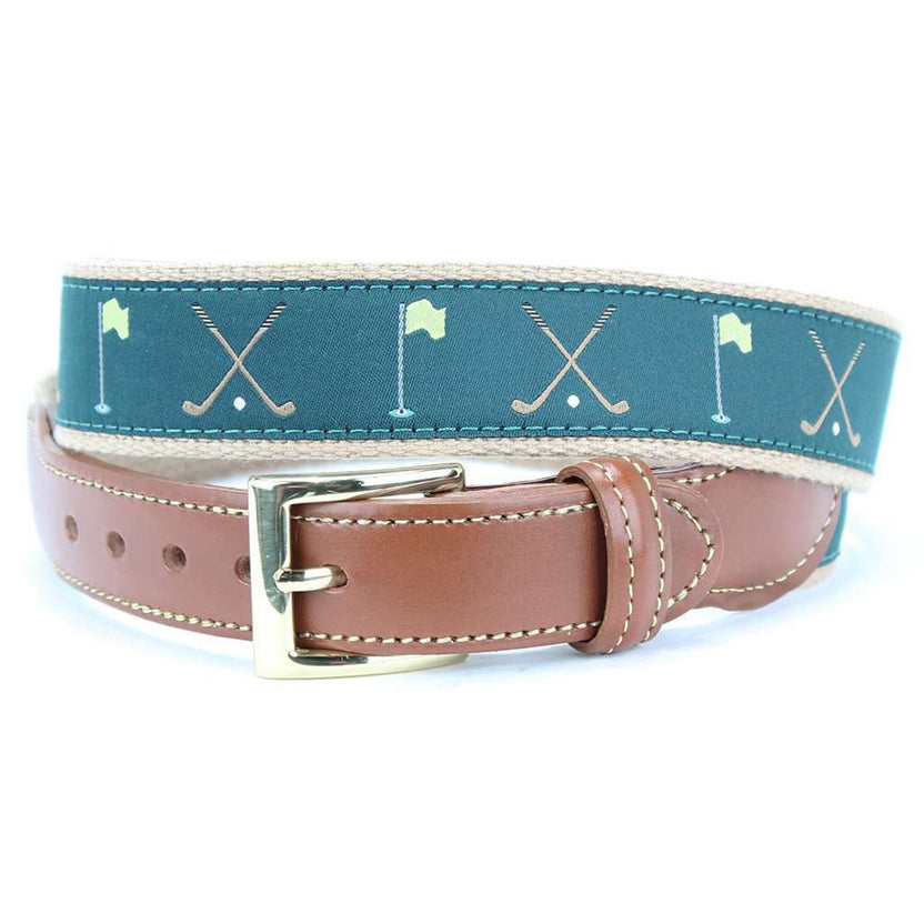 Country Club Prep Golf Clubs and Flags Leather Tab Belt in Green