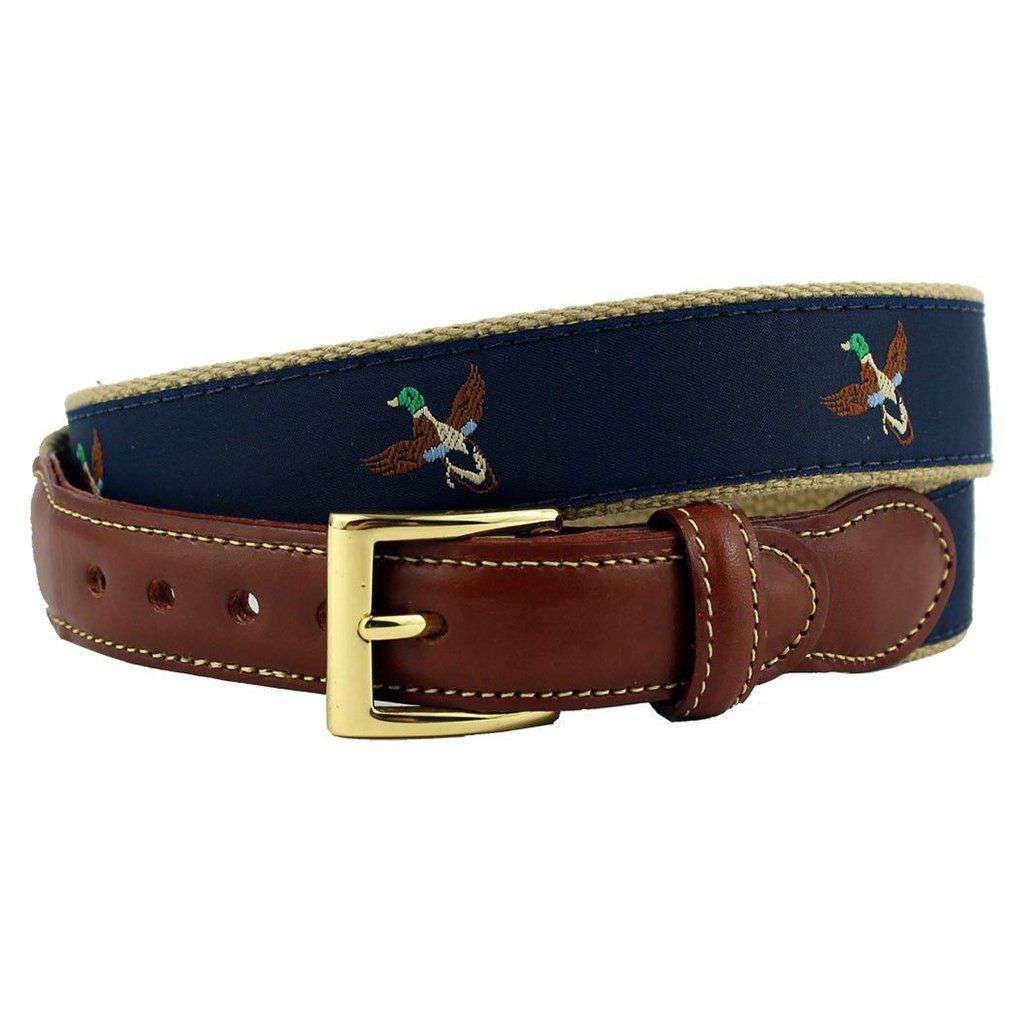 Country Club Prep Duck Hunt Leather Tab Belt in Navy on Khaki Canvas