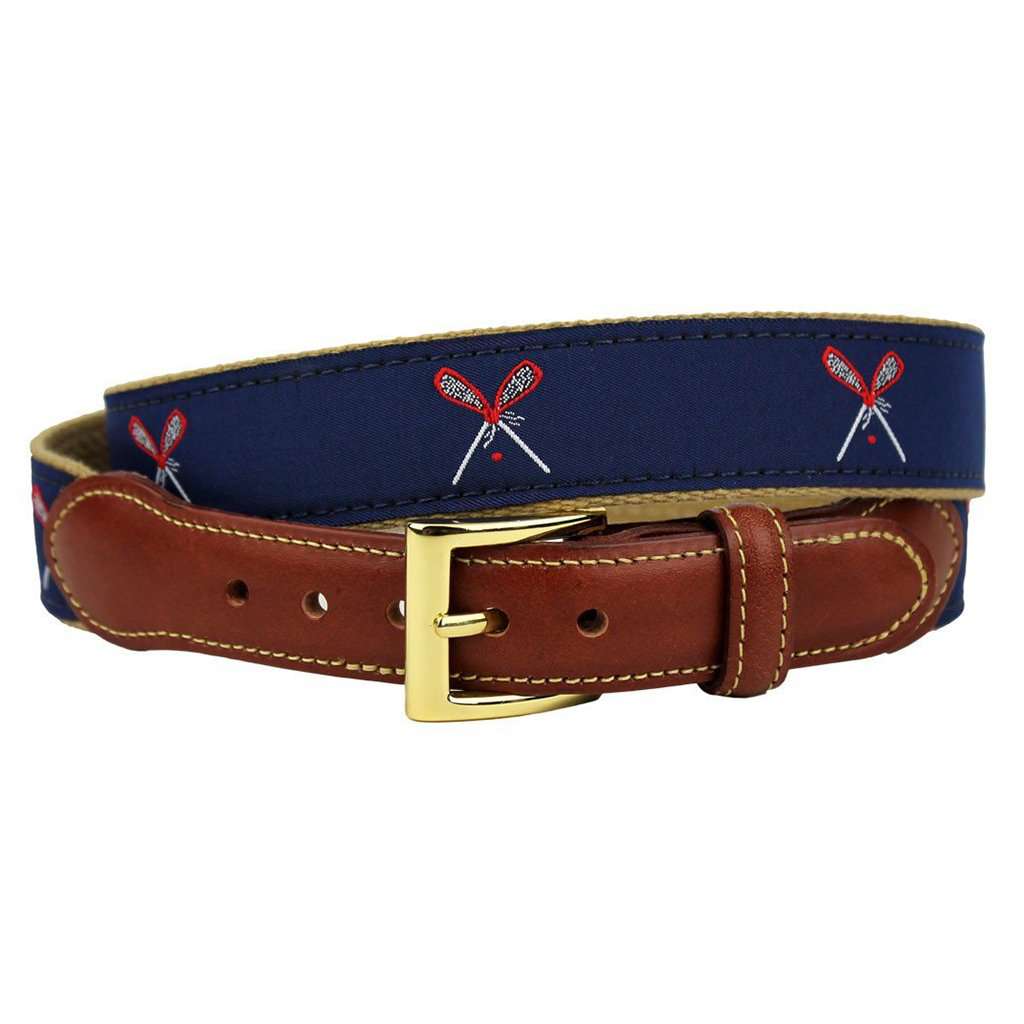 Country Club Prep Lacrosse Leather Tab Belt in Navy on Khaki Canvas
