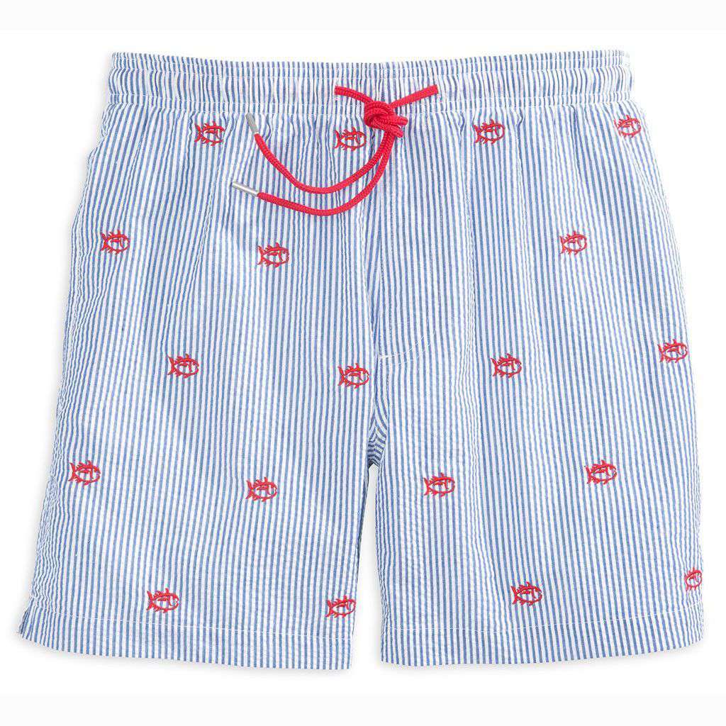 Southern Tide Skipjack Embroidered Seersucker Swim Trunk in Blue ...
