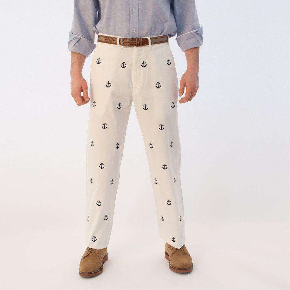 Castaway Clothing Embroidered Harbor Pants in White with Navy Anchors ...