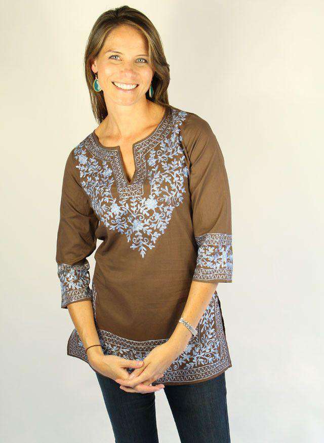 Cotton Embroidered Tunic in Brown with Turquoise by Gretchen Scott ...